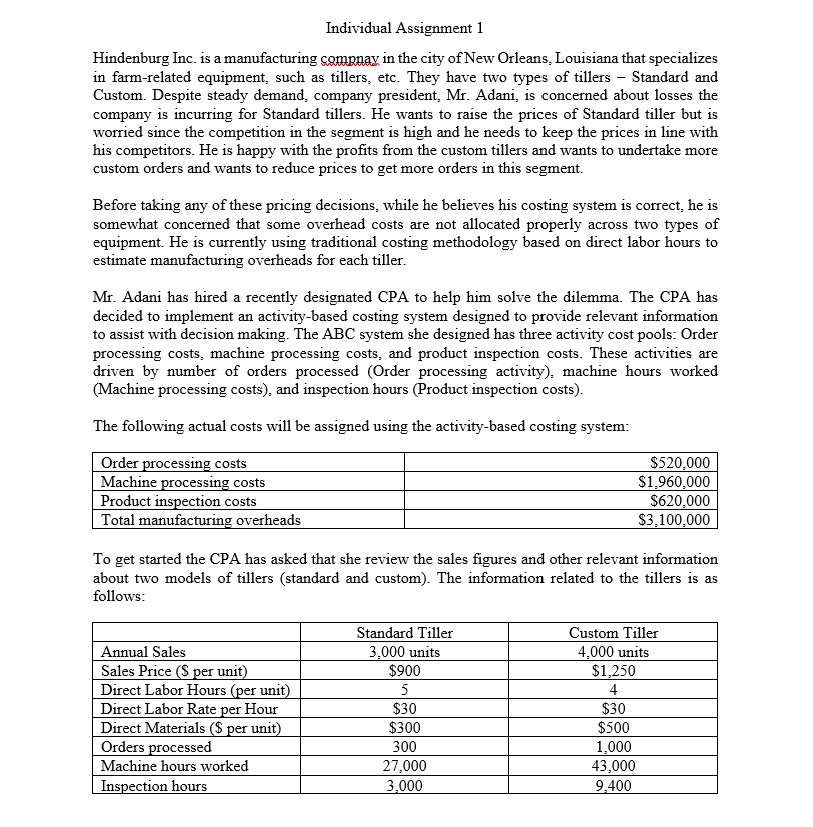 Solved Individual Assignment 1 Hindenburg Inc. is a | Chegg.com