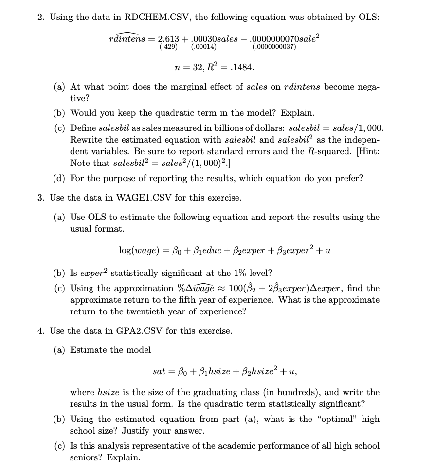 Solved Using the data in RDCHEM.CSV, ﻿the following equation | Chegg.com