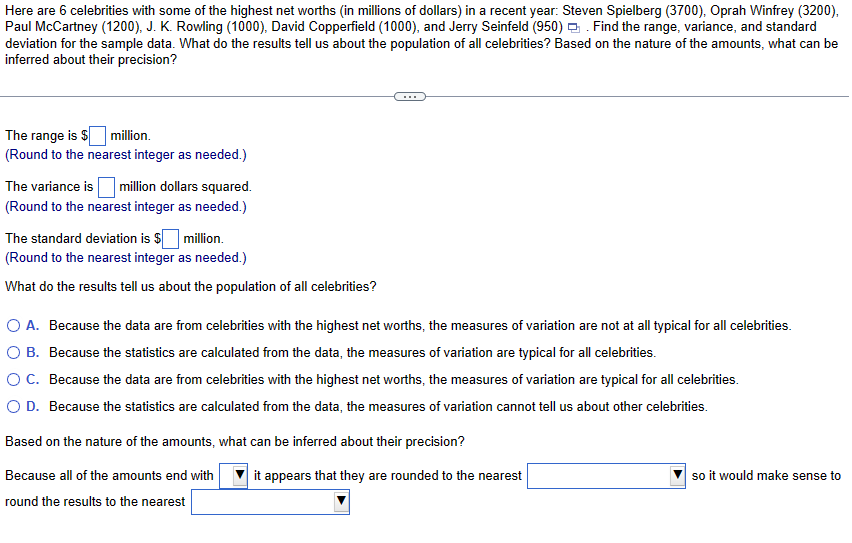 Solved Here are 6 celebrities with some of the highest net | Chegg.com