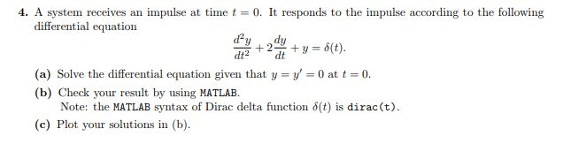 Solved 4. A system receives an impulse at time t 0. It | Chegg.com