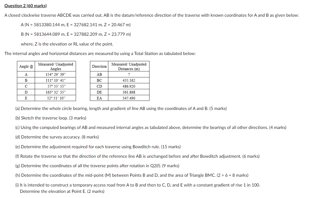 Solved Question 2 (60 marks) A closed clockwise traverse | Chegg.com
