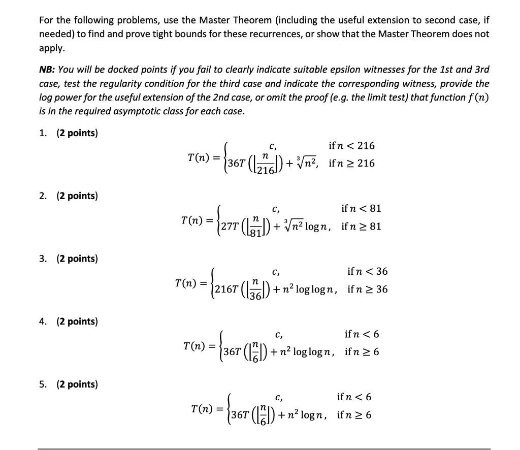 For the following problems, use the Master Theorem | Chegg.com