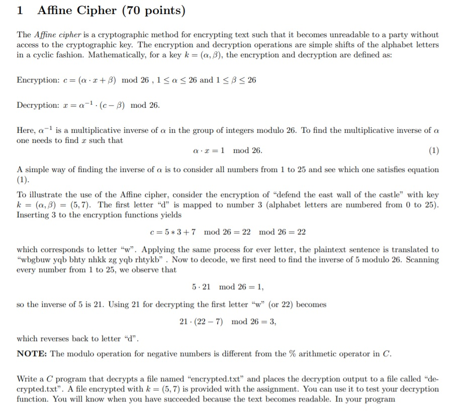 1 Affine Cipher (70 points) The Affine cipher is a | Chegg.com