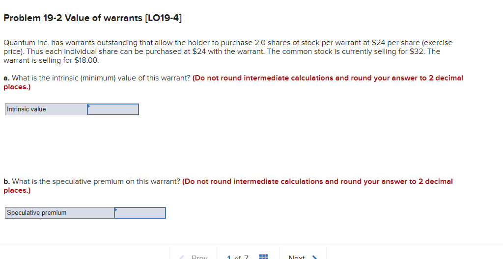 Solved Problem 19-2 Value of warrants (LO19-4] Quantum Inc. | Chegg.com