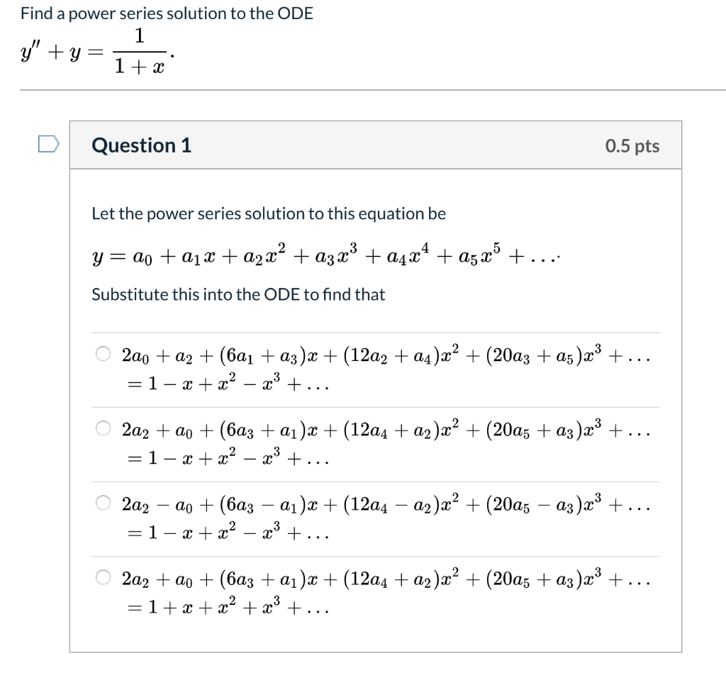 Solved Find a power series solution to the ODE 1 Y" + y = 1 | Chegg.com