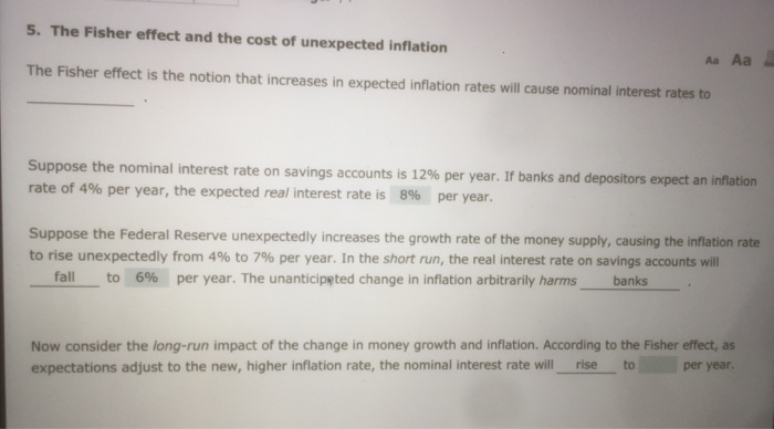 Solved 5. The Fisher effect and the cost of unexpected | Chegg.com
