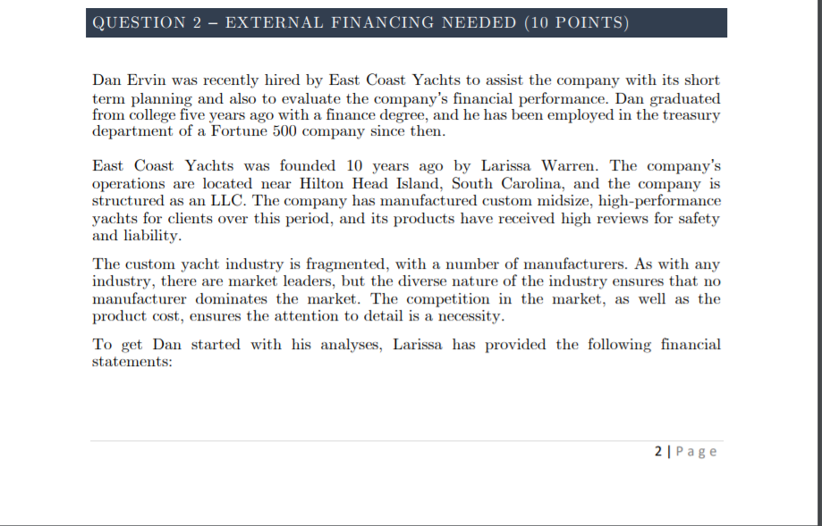 Solved QUESTION 2 - EXTERNAL FINANCING NEEDED (10 POINTS) | Chegg.com