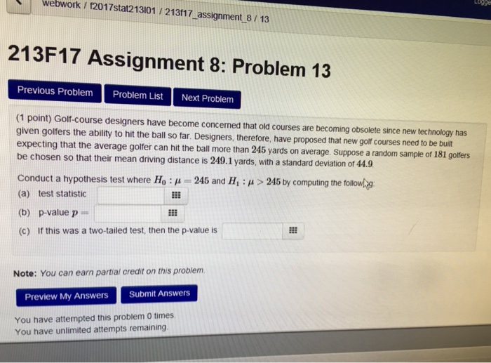 Solved webwork / 12017stat213101 / 213117 assignment 8/13 | Chegg.com