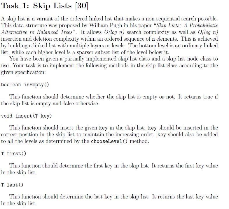 Task 1: Skip Lists [30] A skip list is a variant of | Chegg.com