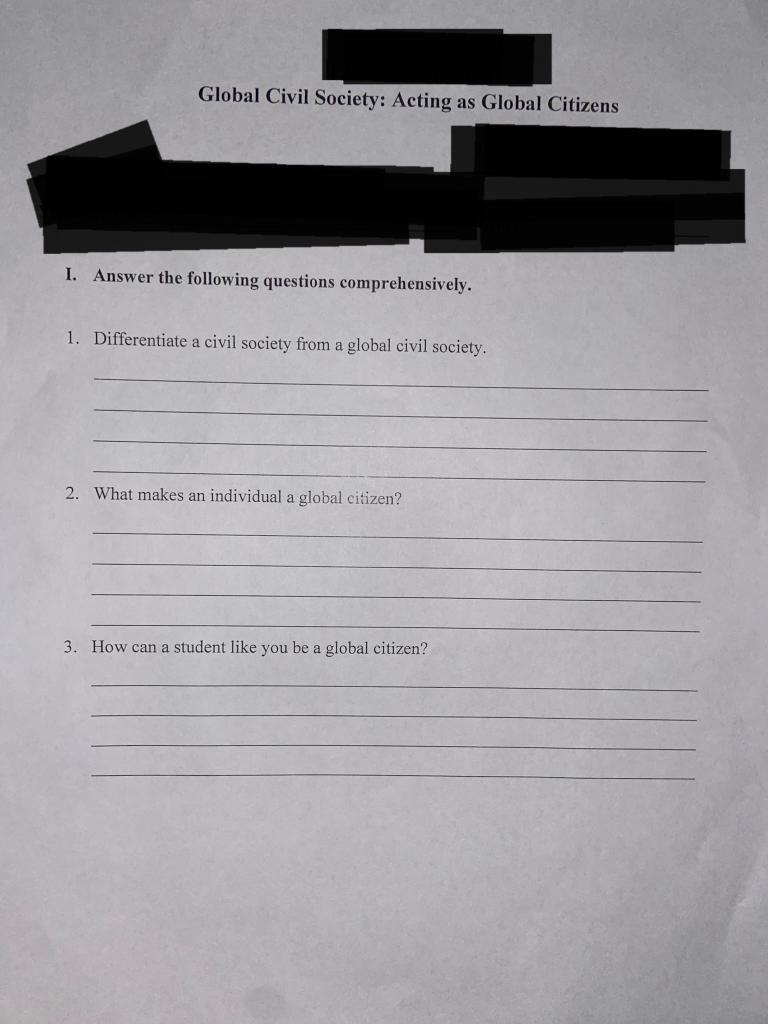 Global Civil Society: Acting as Global Citizens I. | Chegg.com