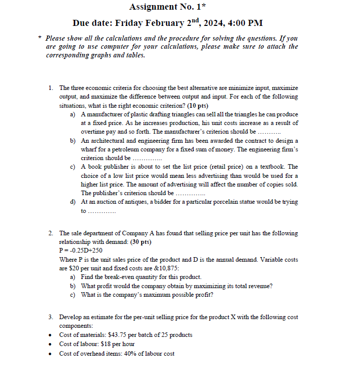 Solved Assignment No. 1*Due date: Friday February | Chegg.com