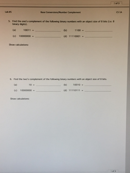 Solved Lab 85 Base Conversions/Number Complement CS 1A 30 | Chegg.com