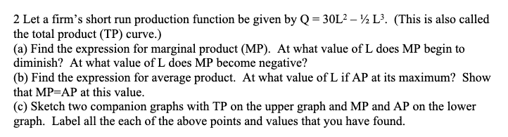 Solved 2 Let a firm's short run production function be given | Chegg.com