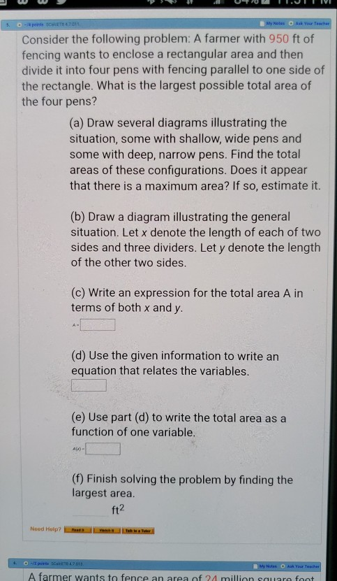 Solved Consider the following problem: A farmer with 950 ft | Chegg.com
