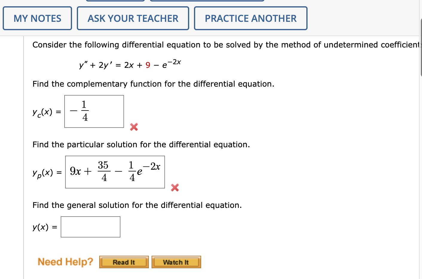 Solved y′′+2y′=2x+9−e−2x Find the complementary function for | Chegg.com