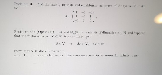 Solved Find the stable, unstable and equilibrium subspaces | Chegg.com
