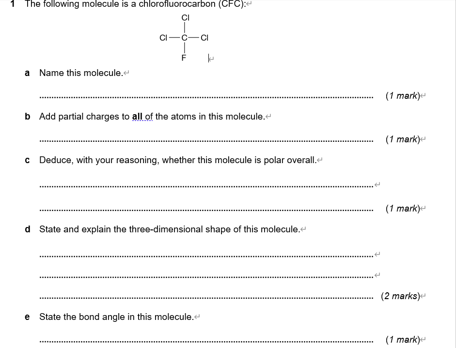 Solved 1 The following molecule is a chlorofluorocarbon | Chegg.com