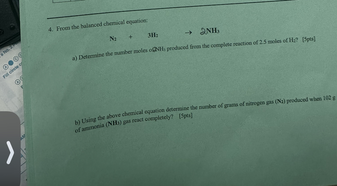 Solved a) Determine the number moles of \\( \\mathrm{NH}_{3} | Chegg.com