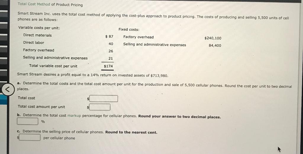 Solved Total Cost Method of Product Pricing Smart Stream | Chegg.com