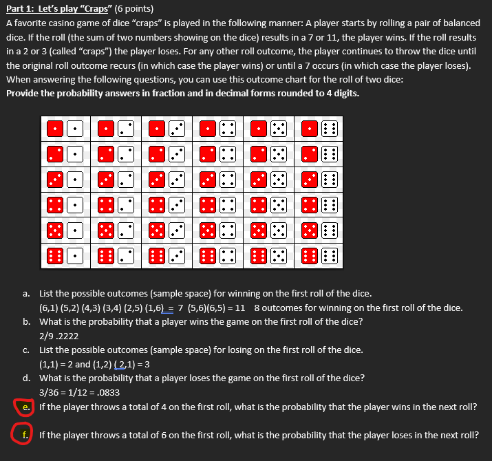 Solved Part 1: Let's play "Craps" (6 points) A favorite | Chegg.com