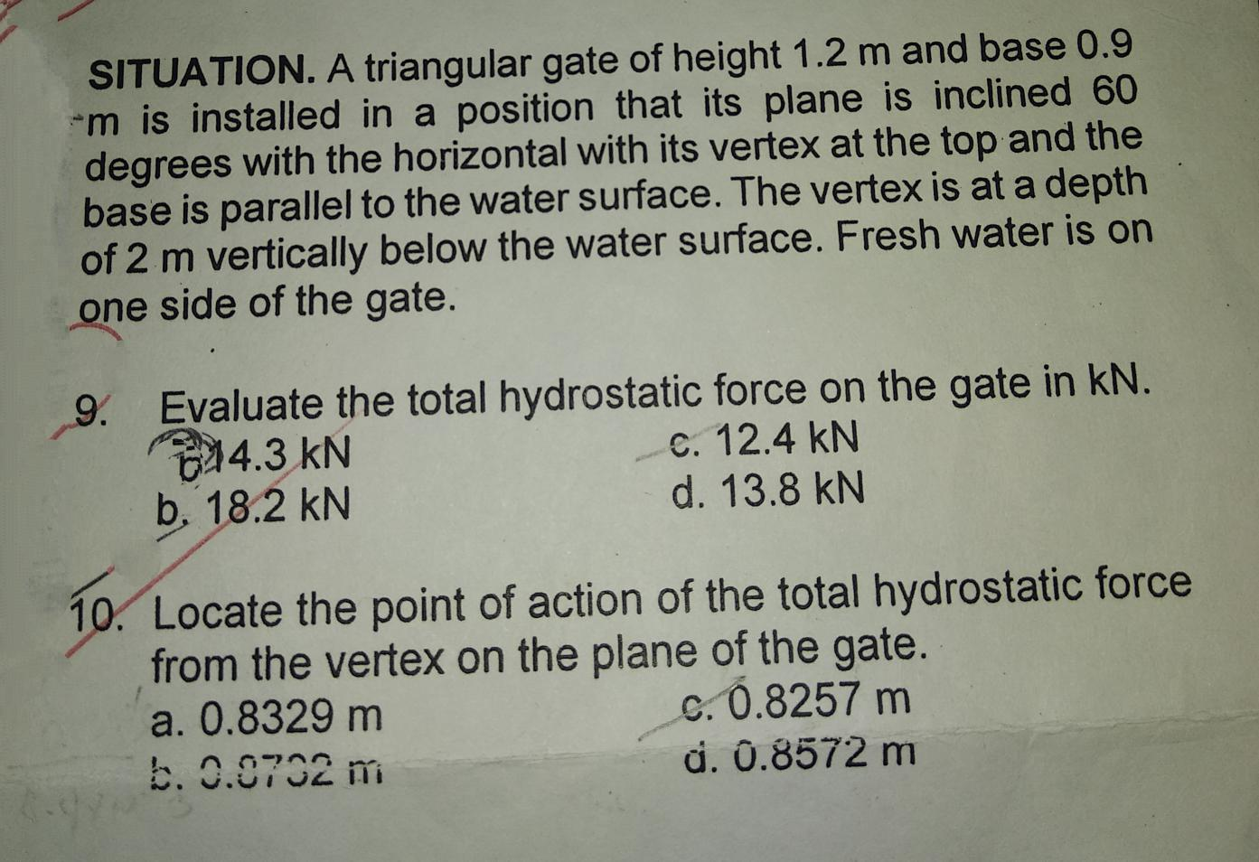 Solved SITUATION. A triangular gate of height 1.2 m and base | Chegg.com