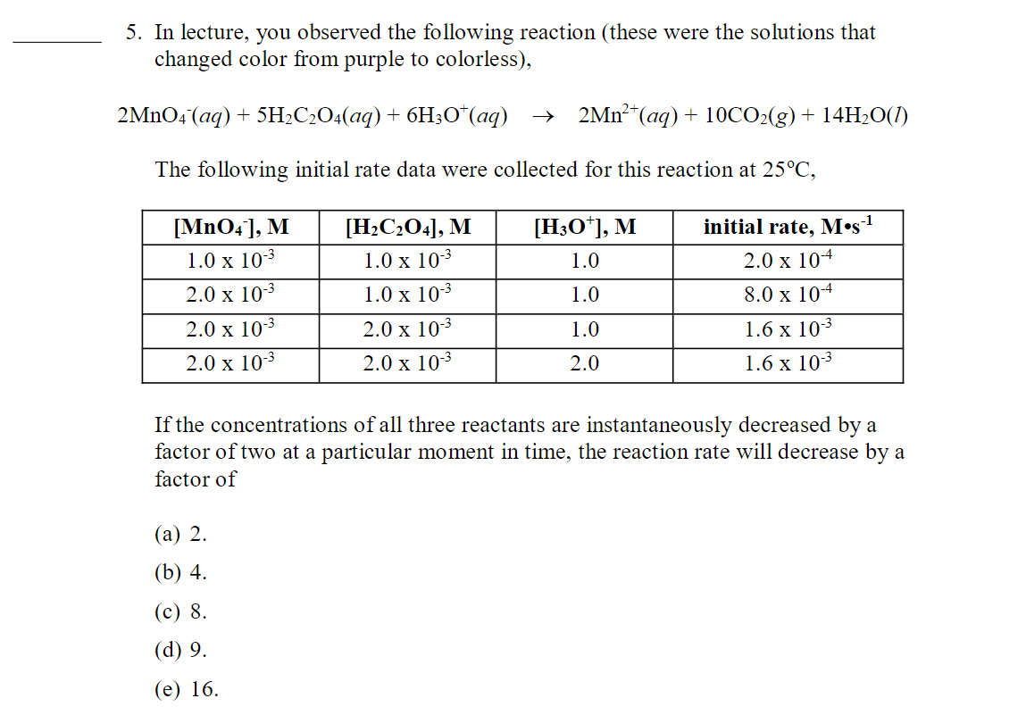Solved 5. In lecture, you observed the following reaction | Chegg.com