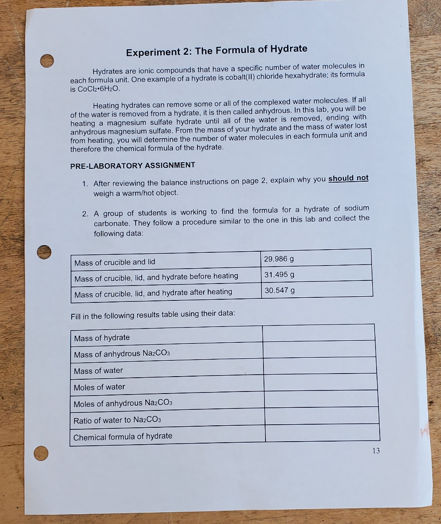 Solved Experiment 2: The Formula of Hydrate Hydrates are | Chegg.com