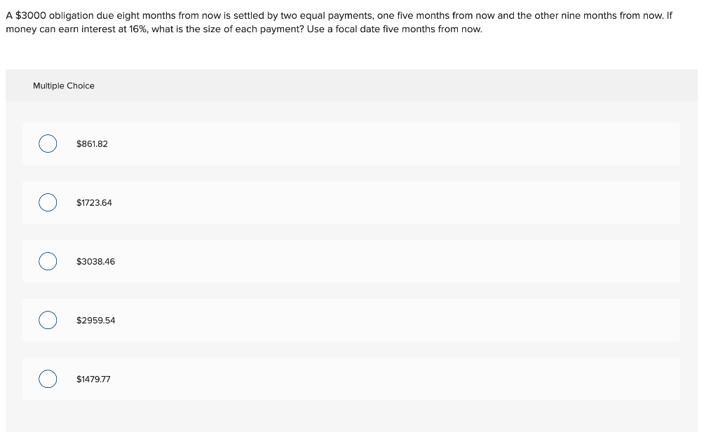 Solved A $3000 obligation due eight months from now is | Chegg.com