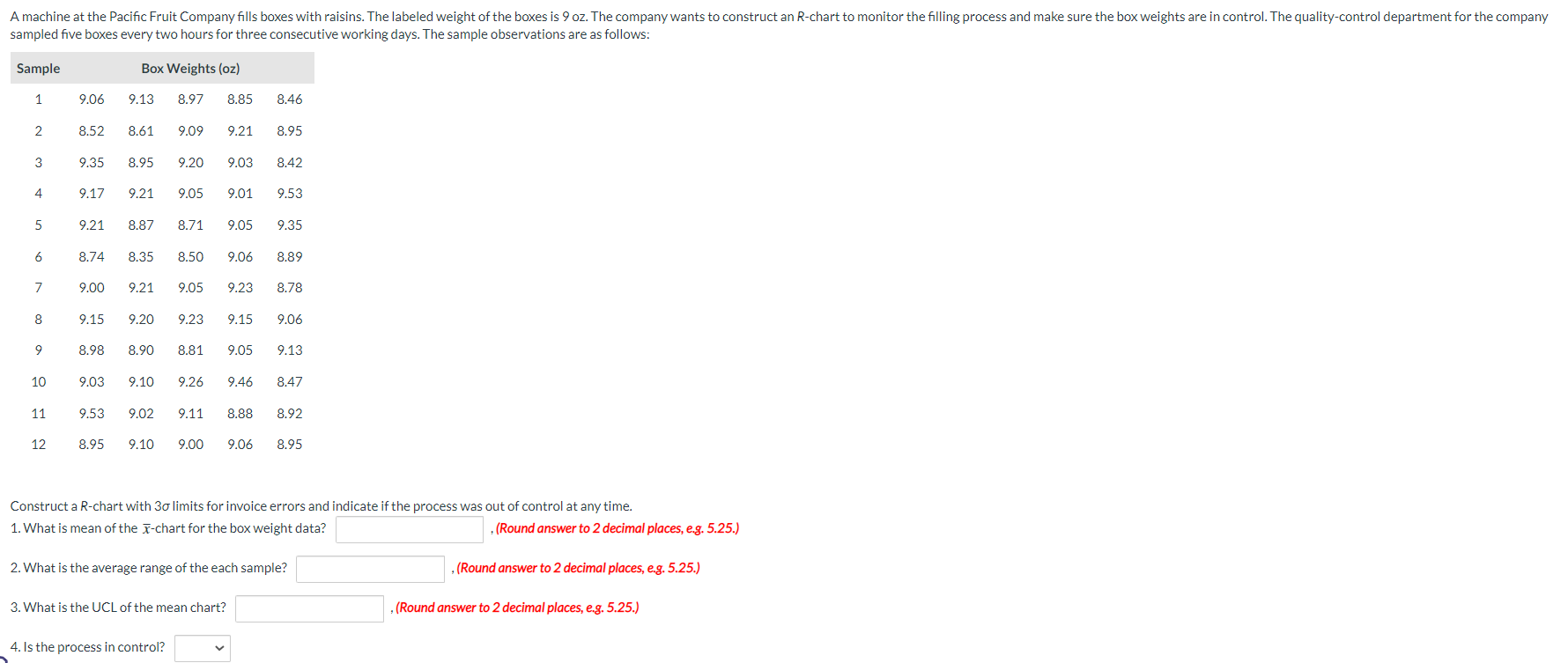 Solved sampled five boxes every two hours for three | Chegg.com