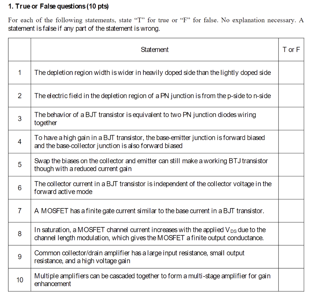 Solved 1. True or False questions (10 pts) For each of the | Chegg.com