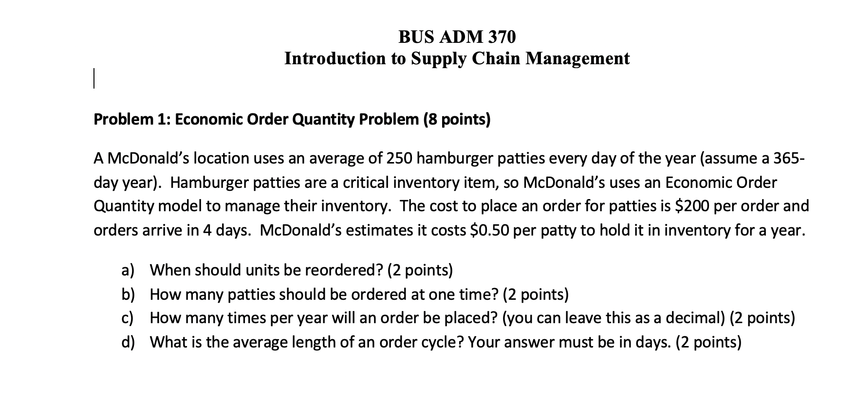 Solved BUS ADM 370 Introduction to Supply Chain Management | Chegg.com