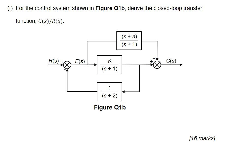 Solved (f) For the control system shown in Figure Q1b, | Chegg.com