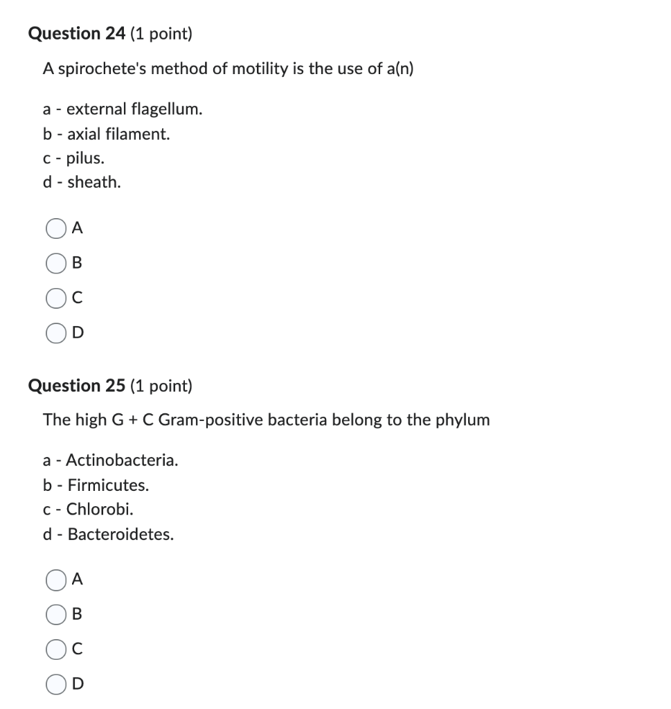 Solved A spirochete's method of motility is the use of a(n) | Chegg.com