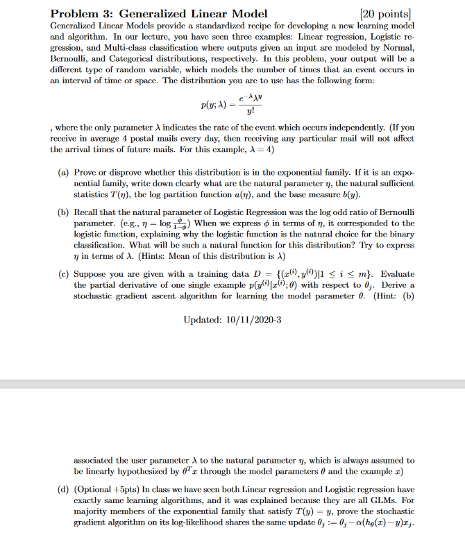 Problem 3: Generalized Linear Model (20 points) | Chegg.com