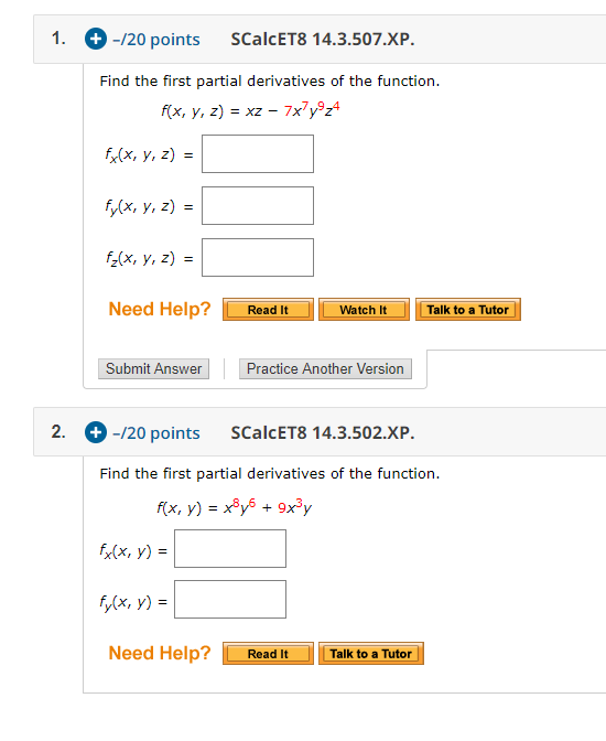 Solved +-/20 points 1. SCalcET8 14.3.507.XP. Find the first | Chegg.com