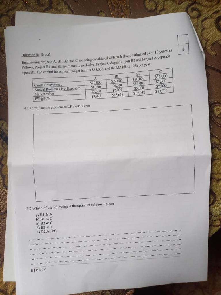 Solved Question 5: (5 pts) Engineering projects A,B,B2, and | Chegg.com