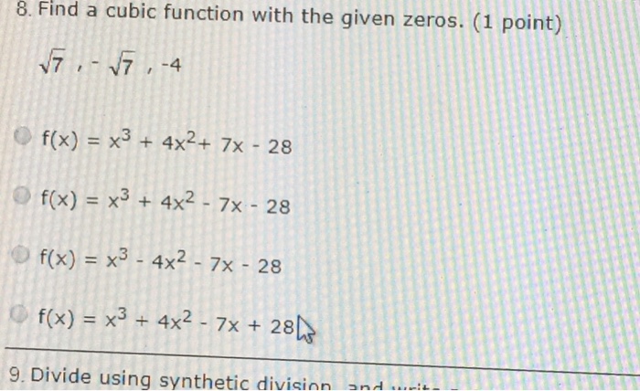 Solved 8. Find a cubic function with the given zeros. (1 | Chegg.com