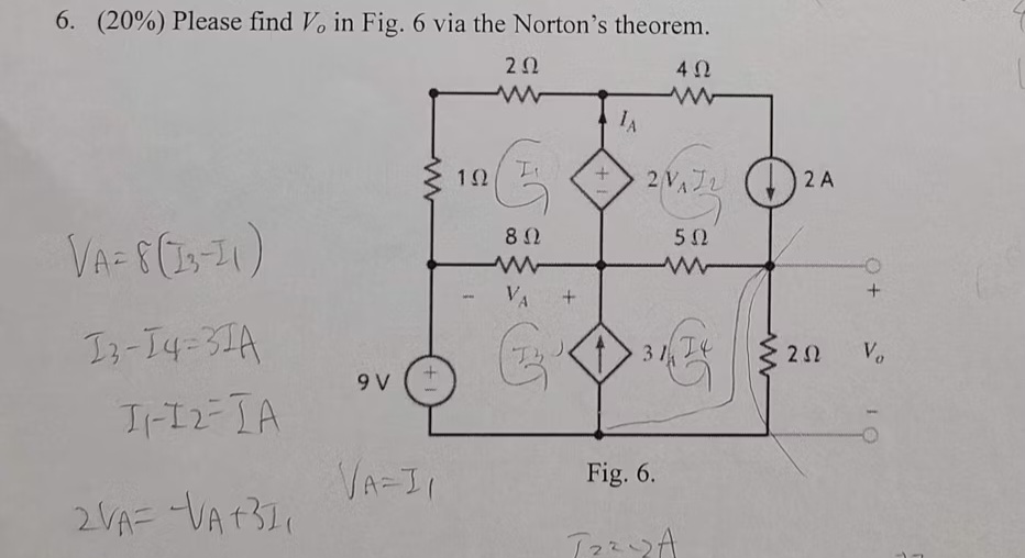 Solved (20%) ﻿Please find Vo in ﻿Fig. 6 ﻿via the Norton's | Chegg.com