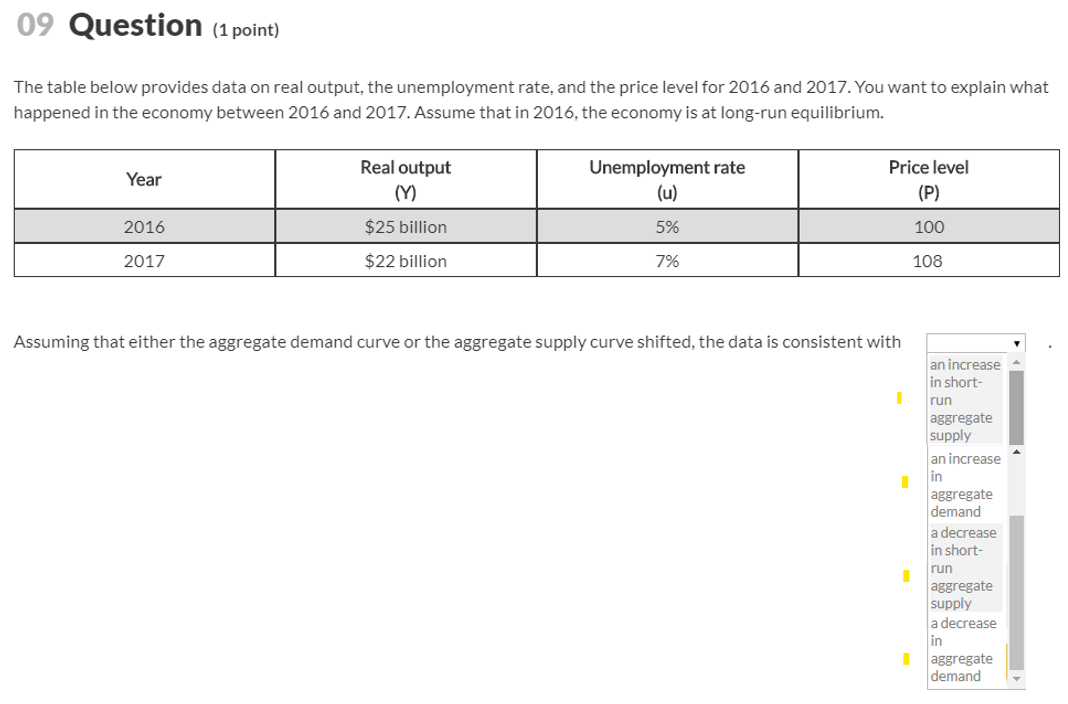 Solved 09 Question (1 point) The table below provides data | Chegg.com