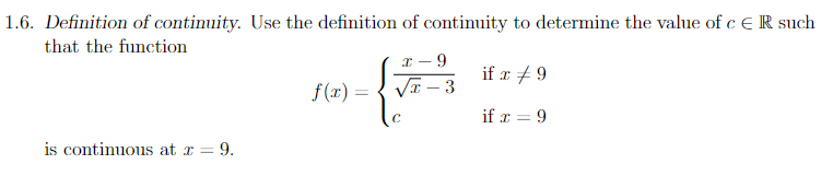Solved 1.6. ﻿Definition of continuity. Use the definition of | Chegg.com