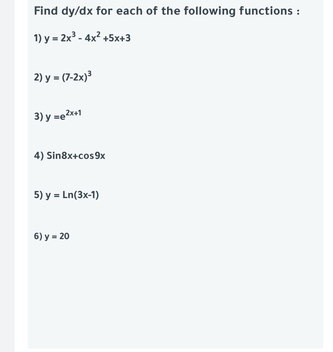 Solved Find dydx ﻿for each of the following functions | Chegg.com