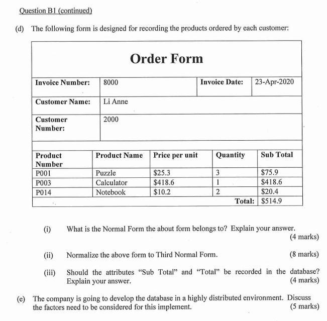 Solved Question B1 Given the following tables in database, | Chegg.com