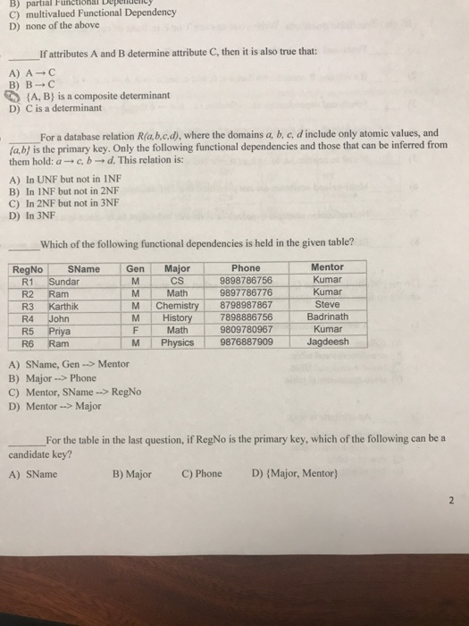 Solved B) partial Functional Depe C) multivalued Functional | Chegg.com