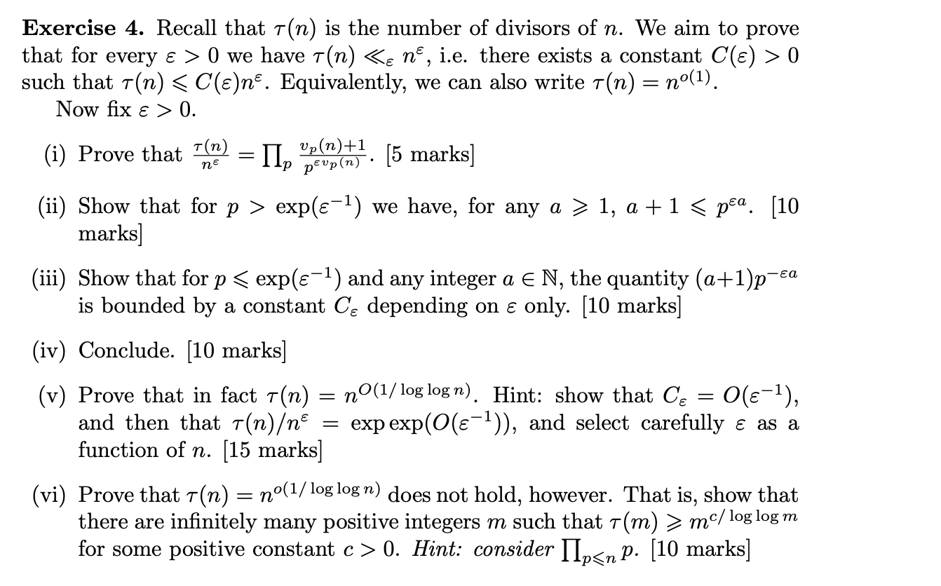 Exercise 4. Recall that τ(n) is the number of | Chegg.com