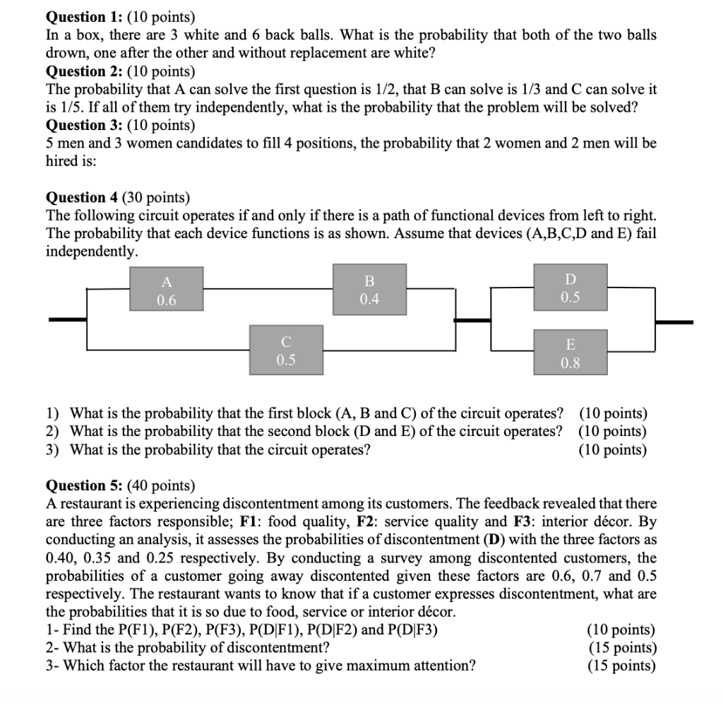 Solved Question 1: (10 points) In a box, there are 3 white | Chegg.com