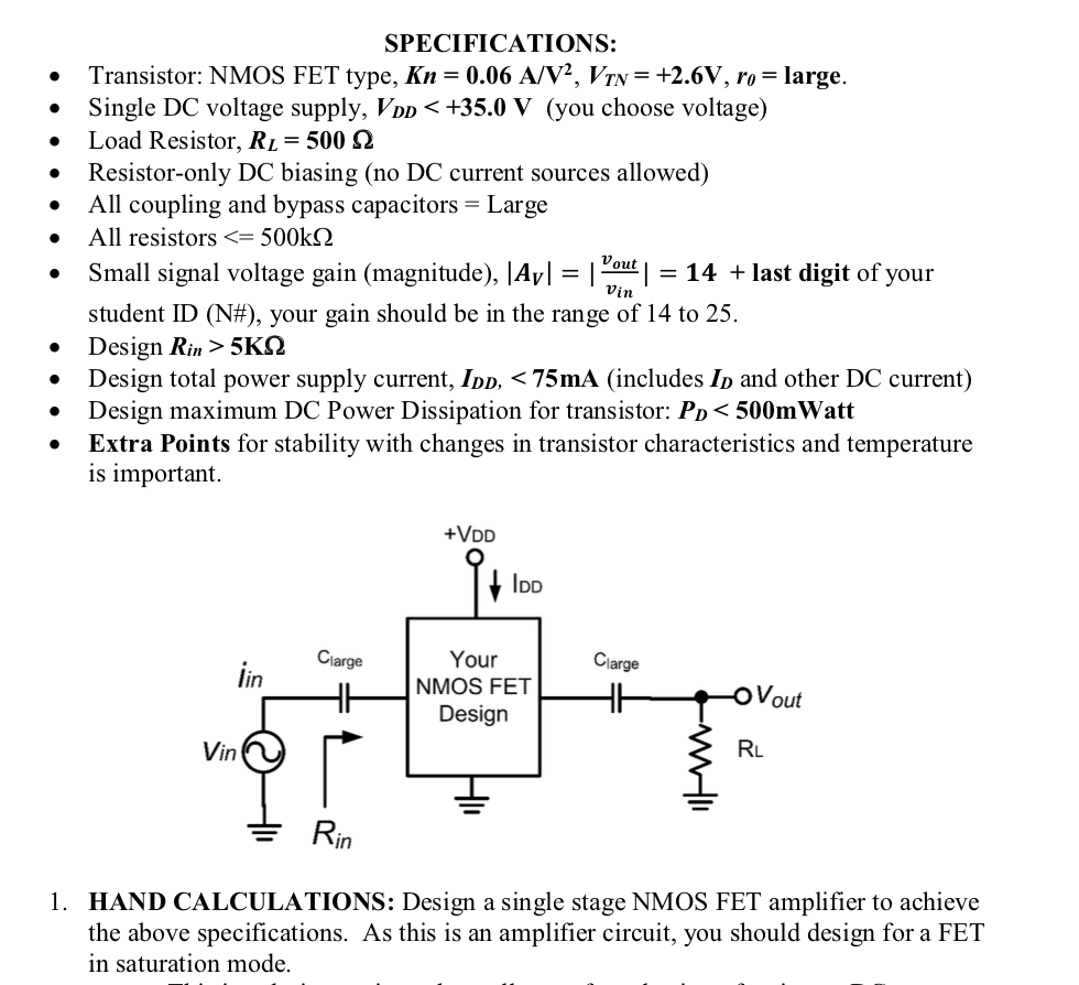 Design a single-stage FET amplifier to the | Chegg.com