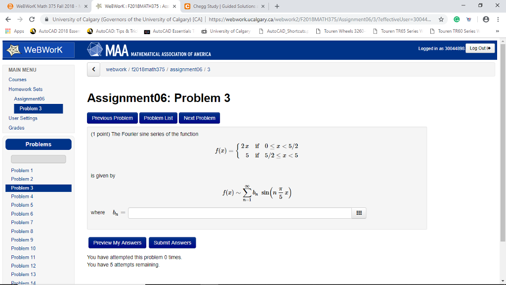 Solved D WeBWorK Math 375 Fall 2018- WeBWorK : F2018MATH375 | Chegg.com