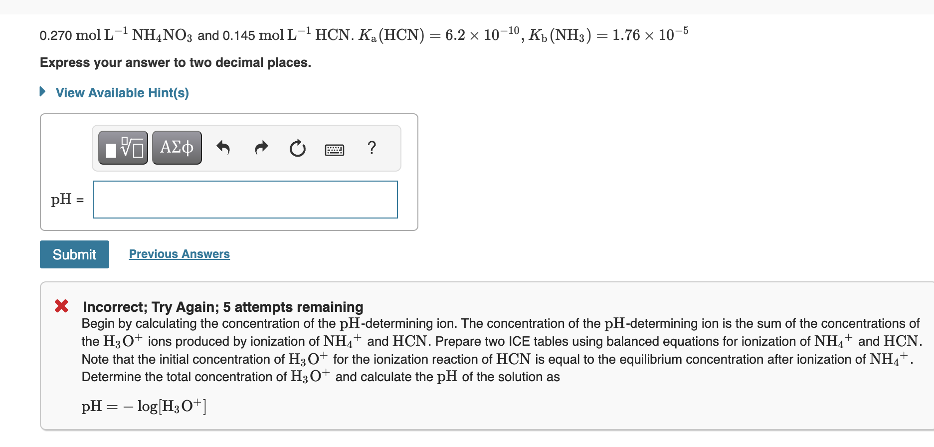 Solved 0.270 mol L−1NH4NO3 and 0.145 mol | Chegg.com