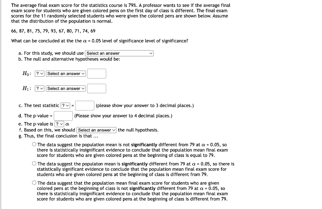 Solved The average final exam score for the statistics | Chegg.com