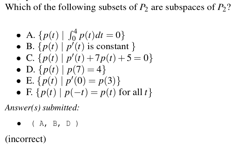 Solved Which of the following subsets of P2 are subspaces of | Chegg.com